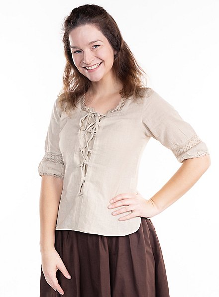 Blusa medieval de manga corta con encaje color crema - maskworld.com