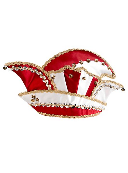 Elaborato cappello di comitato rosso e bianco con fiori dorati ...