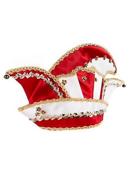 Elaborato cappello di comitato rosso e bianco con fiori dorati ...