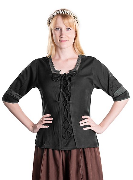 Medieval Short-Sleeved Blouse with Lace, black - maskworld.com