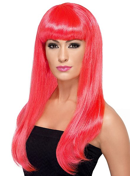 Perruque lisse à cheveux longs avec frange rose fluo - maskworld.com