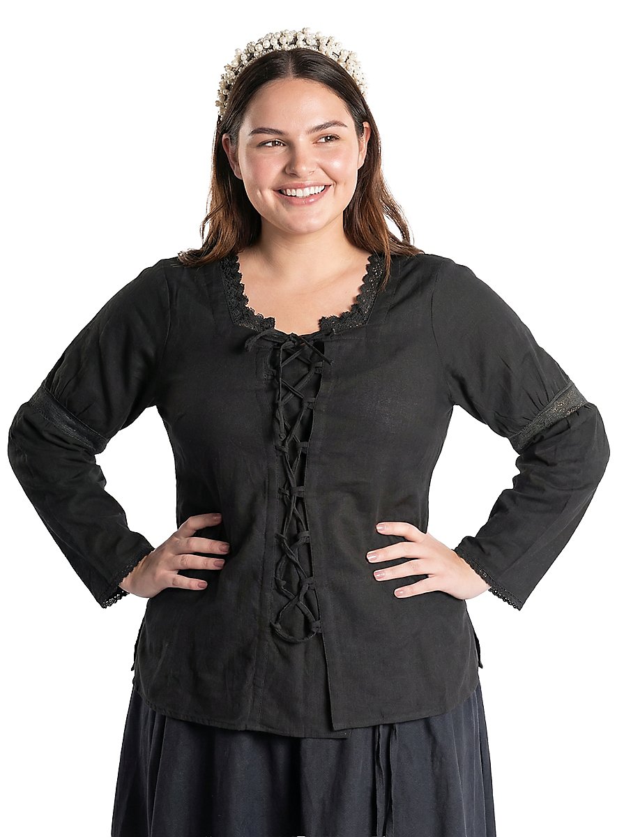 Blusa medieval con cordones y ribete de encaje, color negro - maskworld.com
