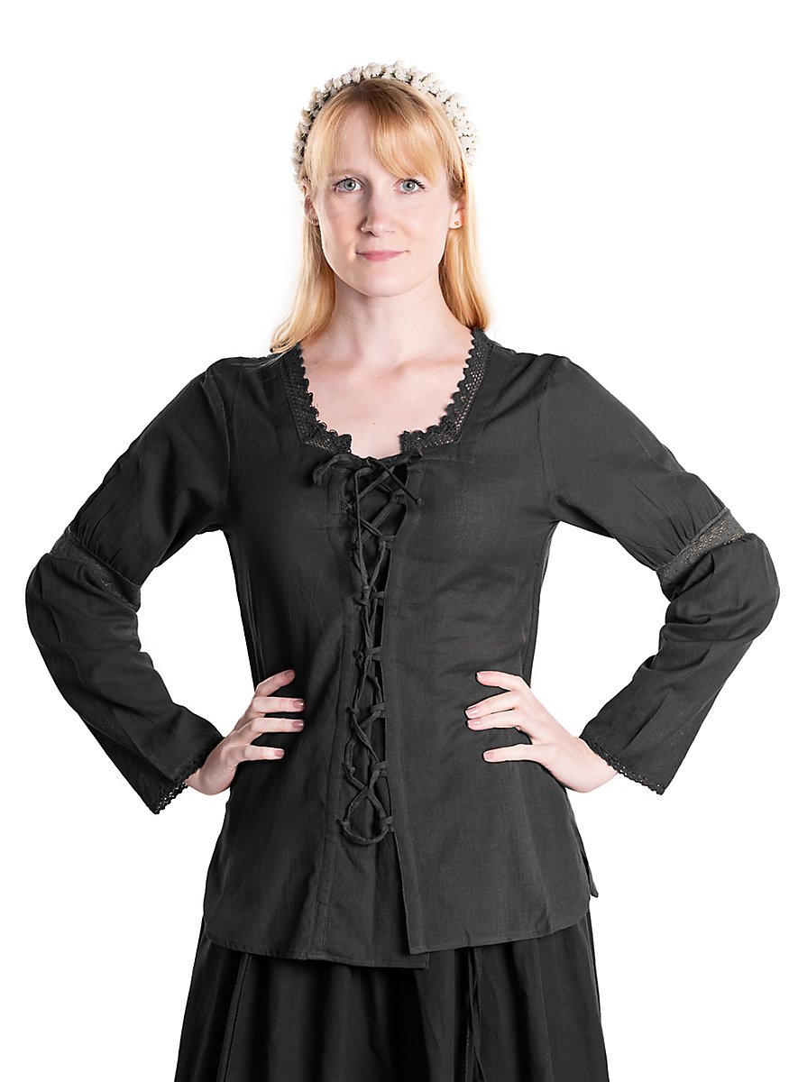 Blusa medieval con cordones y ribete de encaje, color negro - maskworld.com