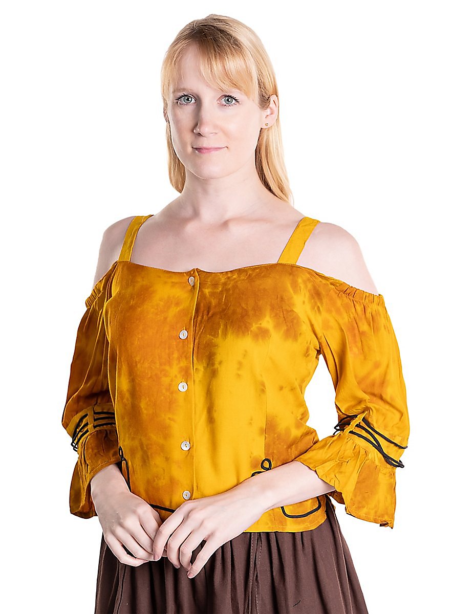 Off-the-Shoulder Short-Sleeve Blouse with Buttons, yellow - maskworld.com