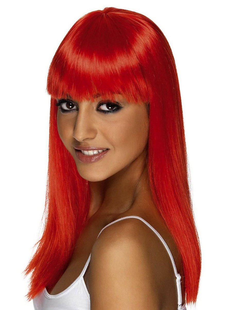 Perruque droite avec frange rouge fluo - maskworld.com