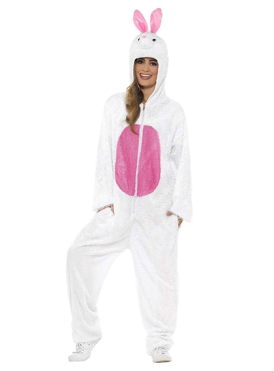 White fluffy bunny hooded jumpsuit costume - maskworld.com